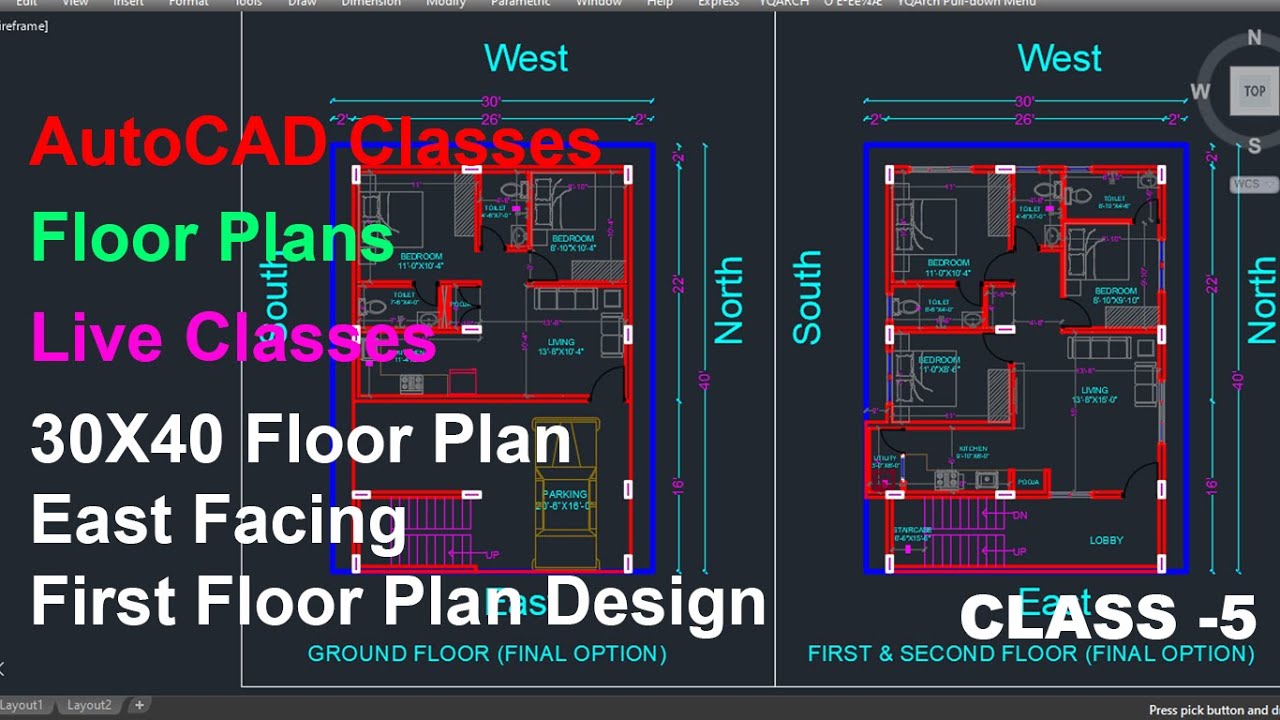 AutoCAD Tutorials for Beginners | Class-5 | 30x40 Plan | First Floor ...