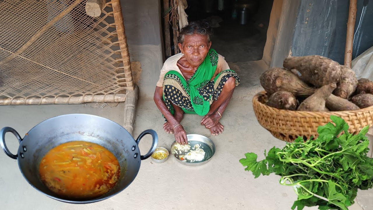 Our Grandma cooking kochu ar tomato lau data recipe... - YouTube
