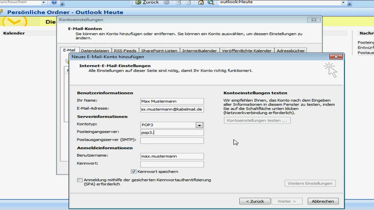 Kabelmail Tutorial POP3 Outlook 2007 - YouTube