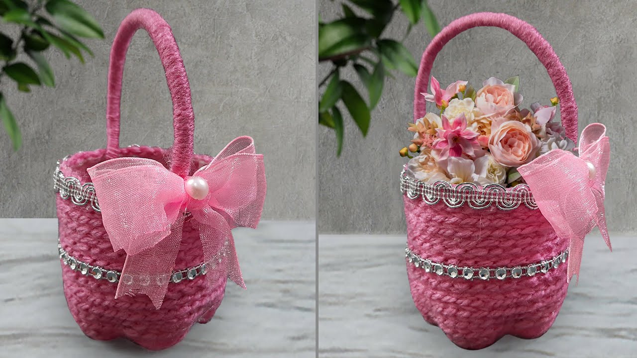 Making a basket from an empty bottle and woolen thread | Craft idea ...