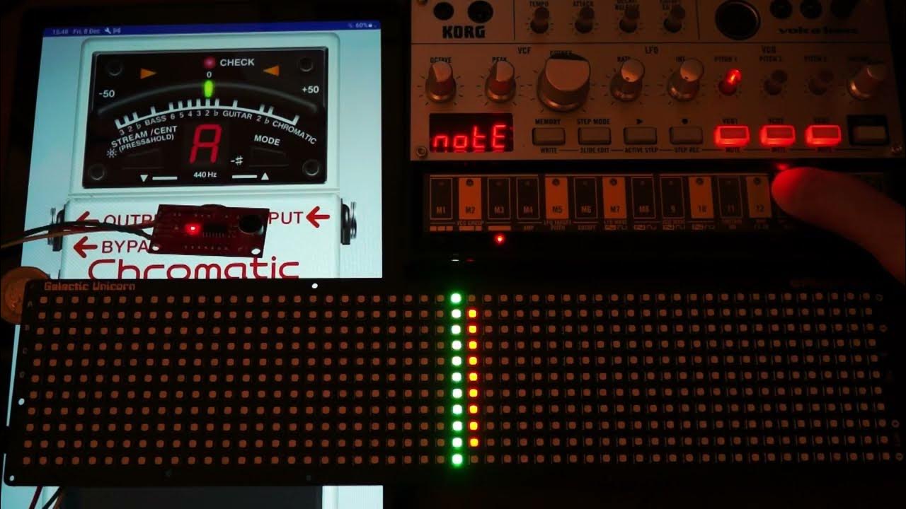 Volca Bass vs Guitar Tuner using SparkFun Sound Detector and Pimoroni Galactic Unicorn - YouTube