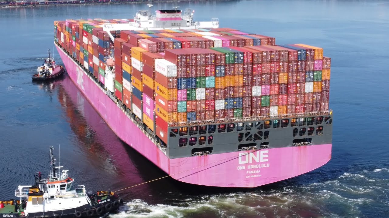 Awesome Bird's Eye View! Large Container Ship ONE HONOLULU Turning ...