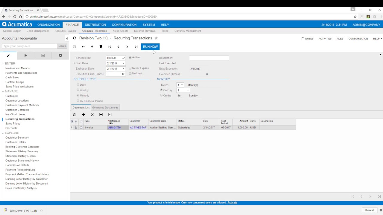 Acumatica: Recurring AR Transactions - YouTube