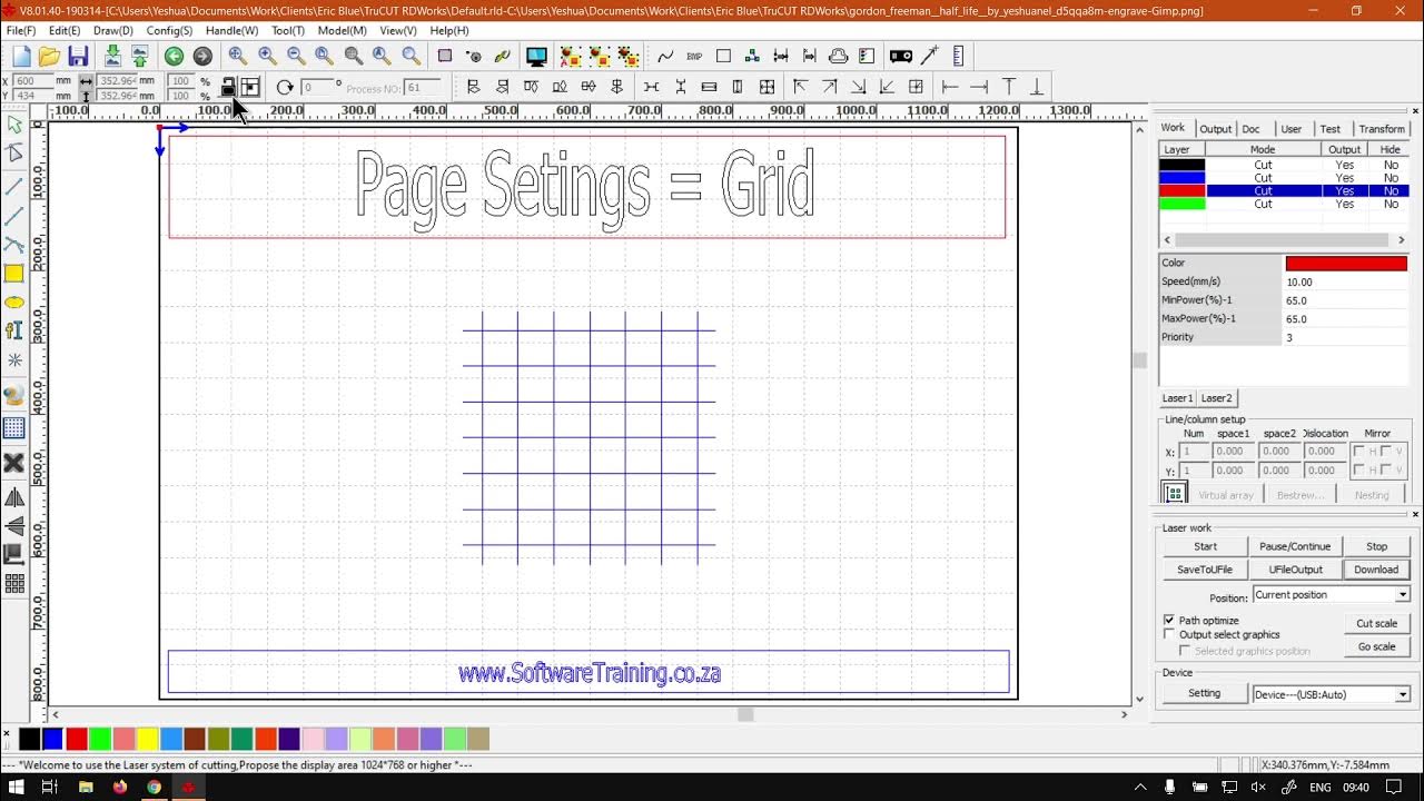 TruCUT RDWorks the Grids Location and Setup (Part 2) Page Settings Step ...