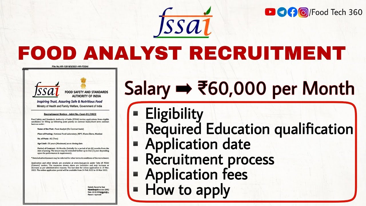 FSSAI Food Analyst Recruitment 2022 | Food Analyst in FSSAI - YouTube