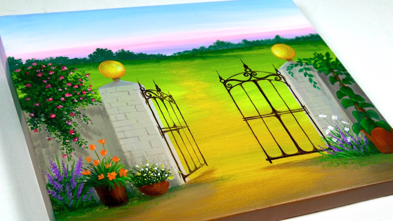 Sunset Landscape Painting | Beautiful Garden Gate Acrylic Painting ...
