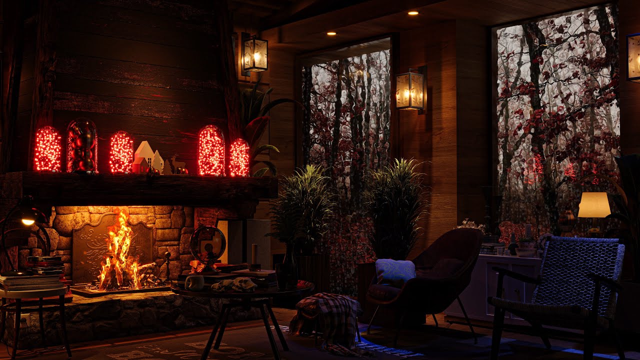 Log Cabin Ambience with Cracking Fireplace Sounds | Gentle Rain Sounds ...
