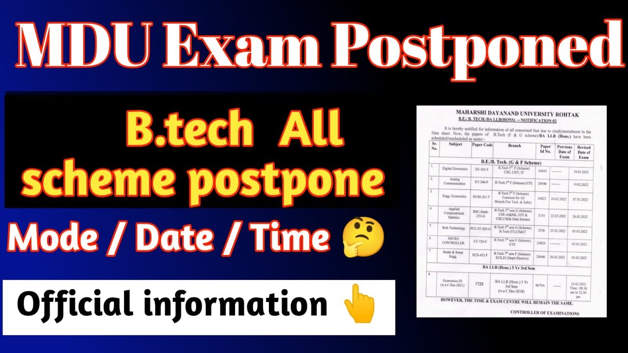 MDU b.tech F and G scheme exam postponed | MDU exam postponed 2022 | MDU btech exam postponed ...