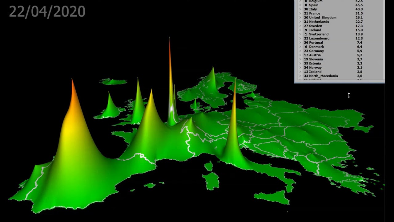COVID-19 spread through Europe in 4D from 27.02.2020 to 22.04.2020 with ...
