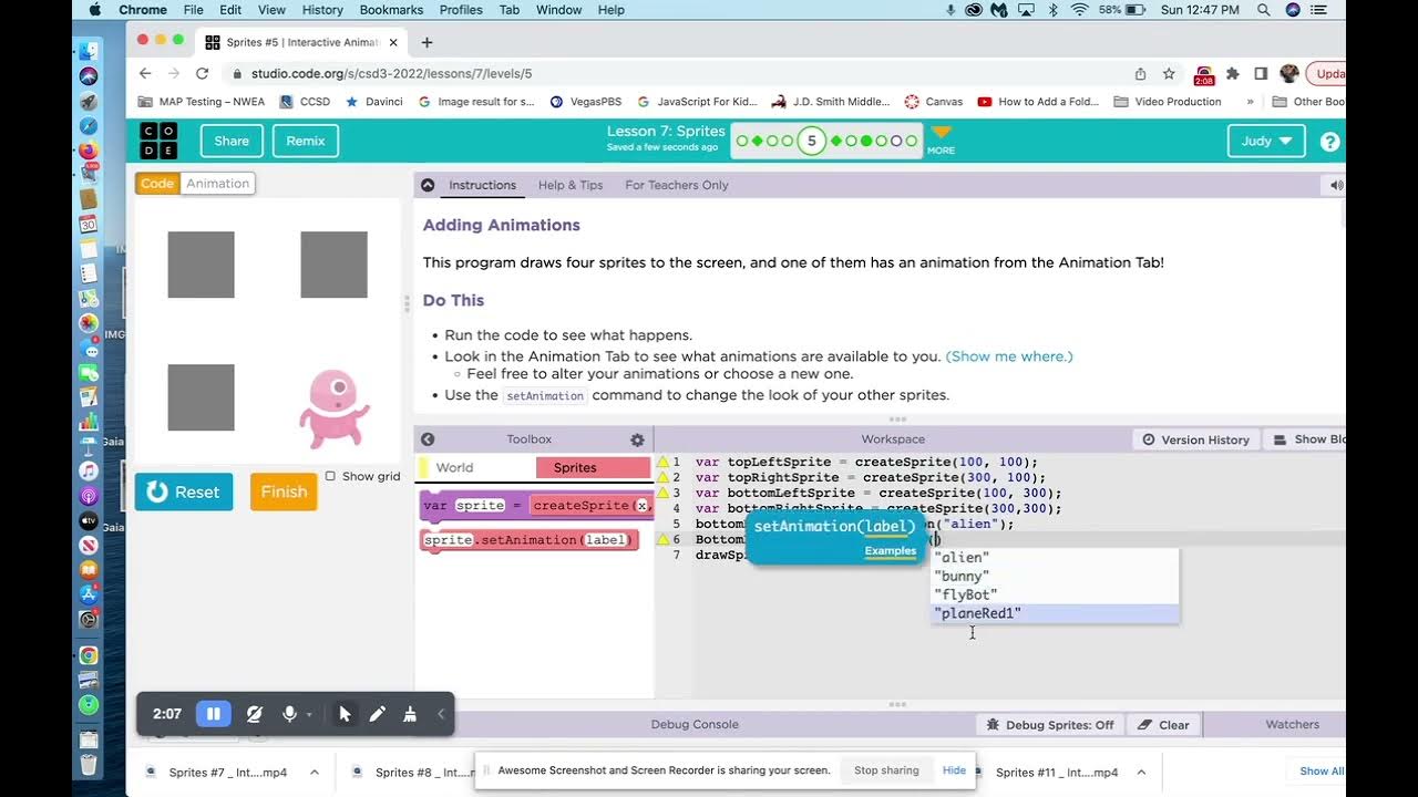 code.org Lesson 7 , Level 5 Answers. Sprites #5 Animations and Games ...