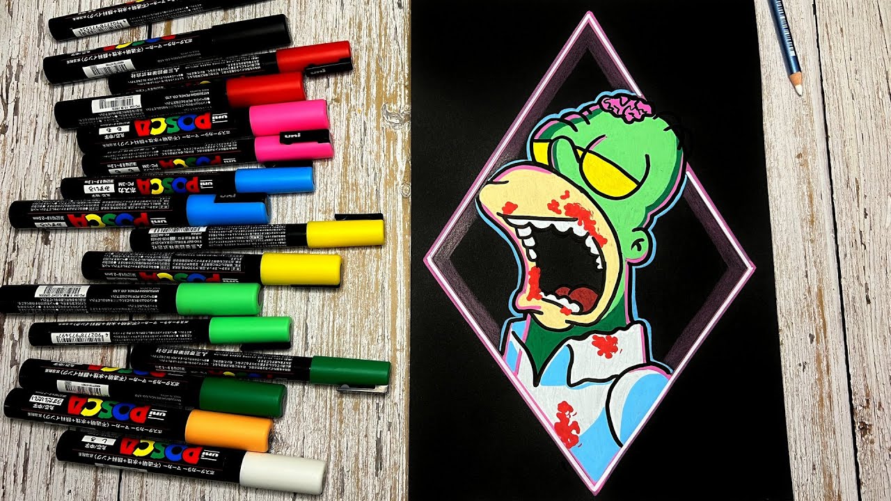 Homer Simpson zombie Drawing with Posca Markers! Drip Effect! - YouTube