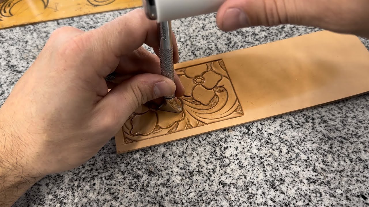 Shading a tooled leather wallet with beginner tools - YouTube