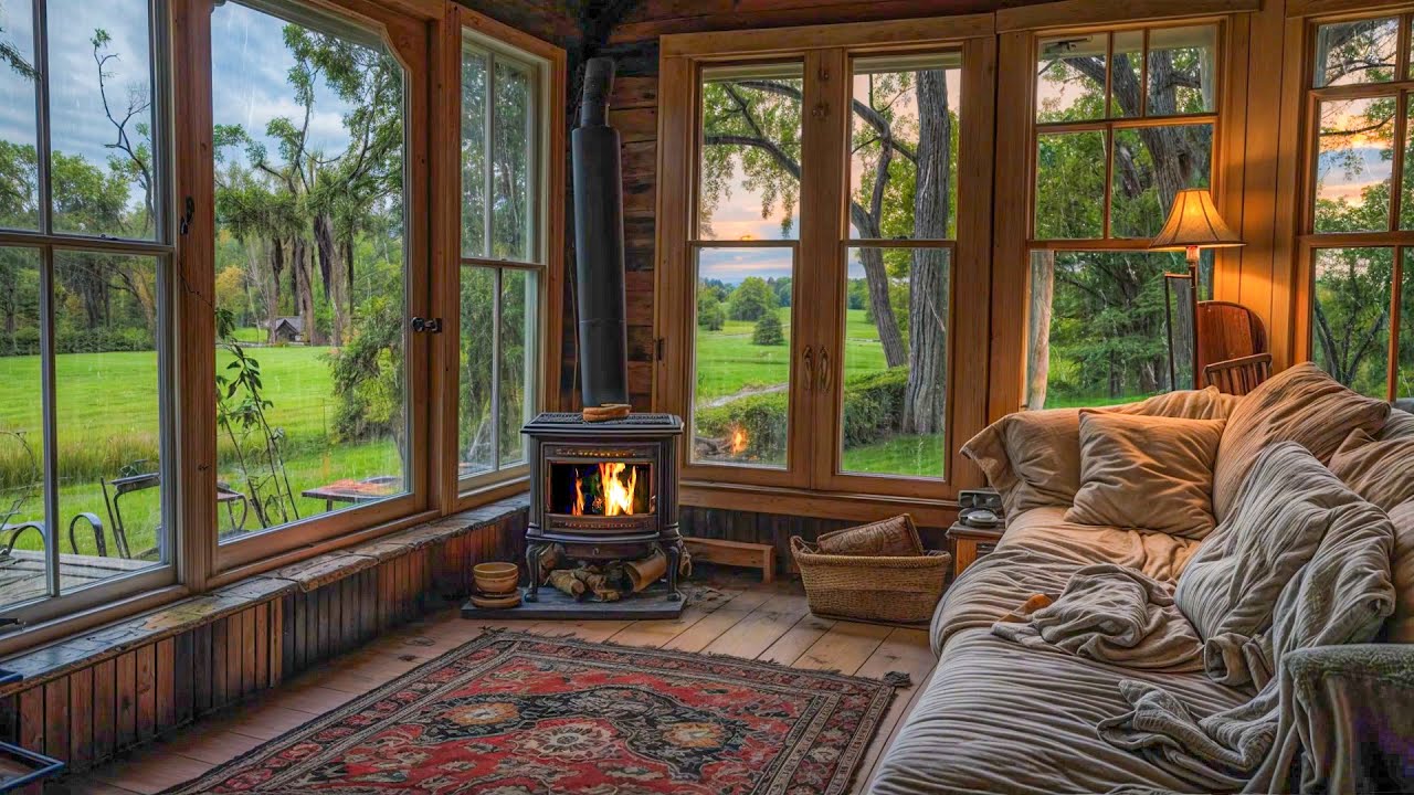 Calm Cabin Afternoon Rain Ambience | Fall Asleep Fast with Fireplace ...