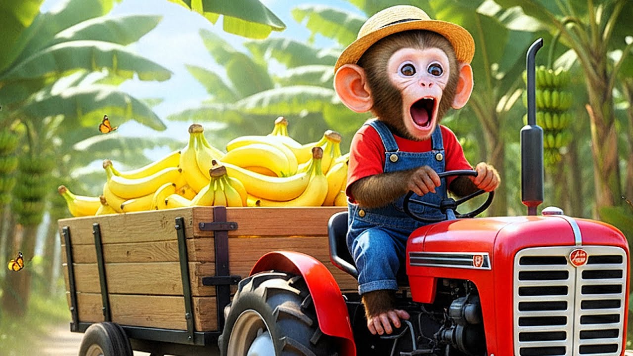 Monkey Farmer And Duckling Drives Tractor To Deliver Bananas To Market ...