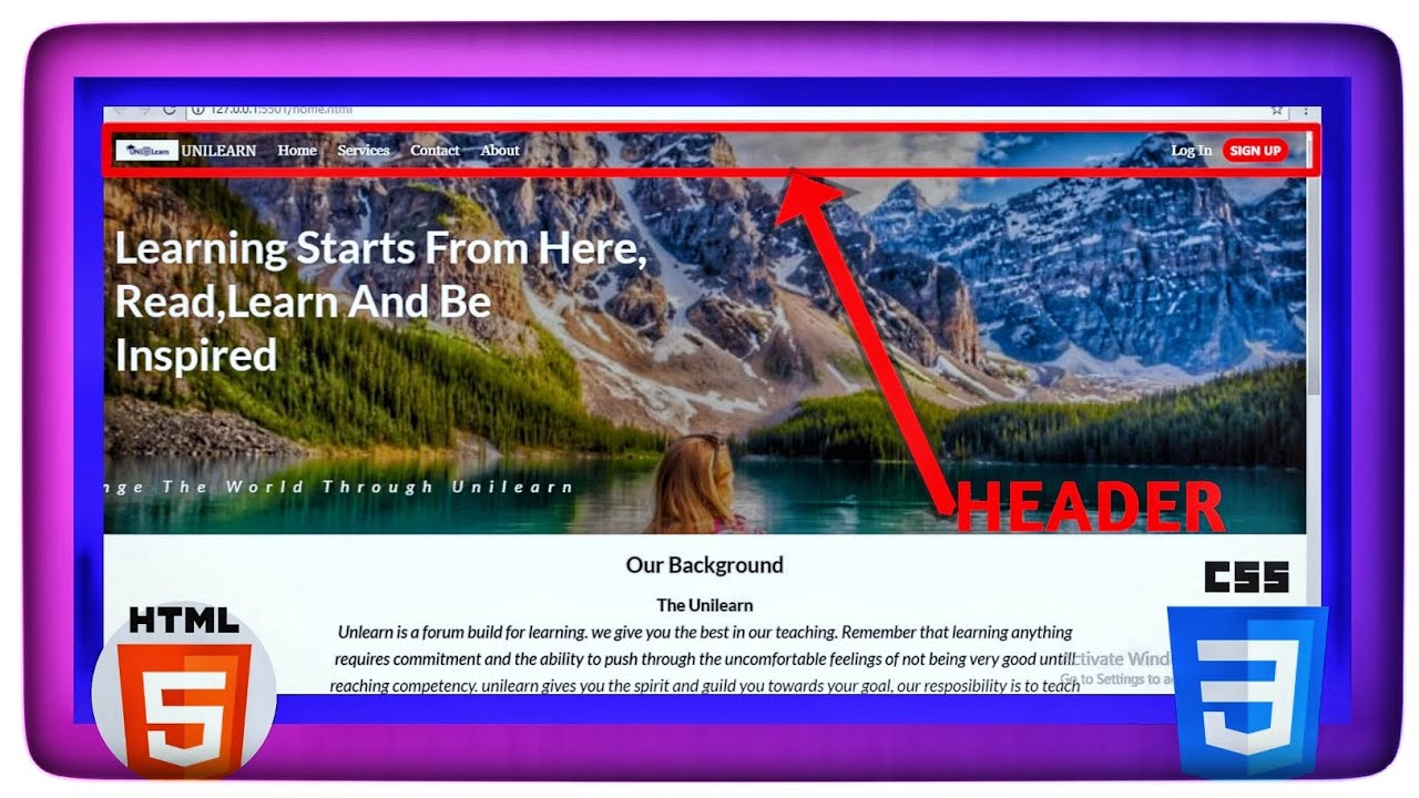 Creating a header for a website html css - YouTube