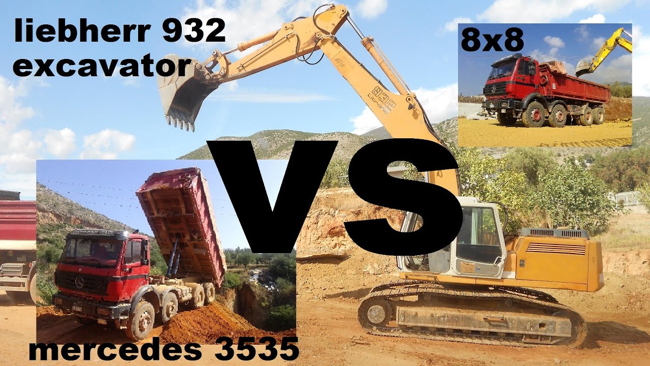 liebherr 932 excavator vs mercedes 3535 8x8 - YouTube
