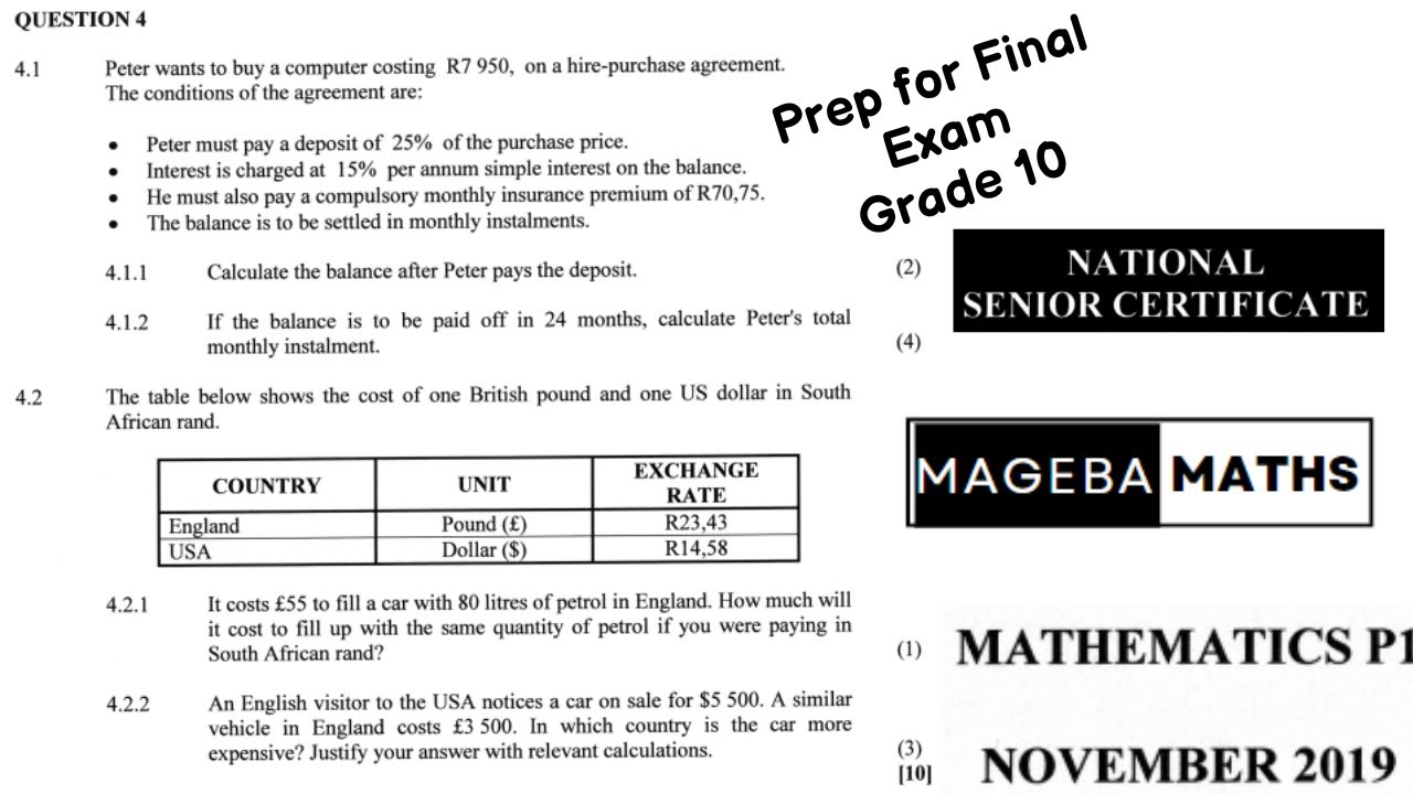 Question 4 | November 2019 | Grade 10 | Mathematics | Financial ...