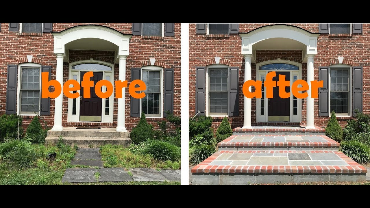 Remodeling concrete porch steps with brick and flagstone for curb ...