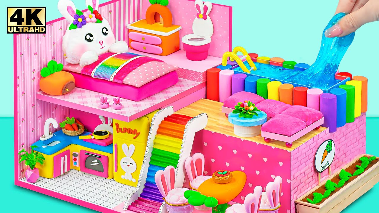 How To Build Cute Pink Bunny House with Bedroom, Kitchen, Rainbow Slime ...