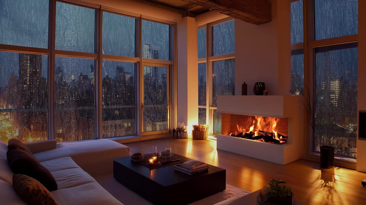 Fireplace Sounds & Heavy Rain On The Window Helps Stress Relief & Get A ...