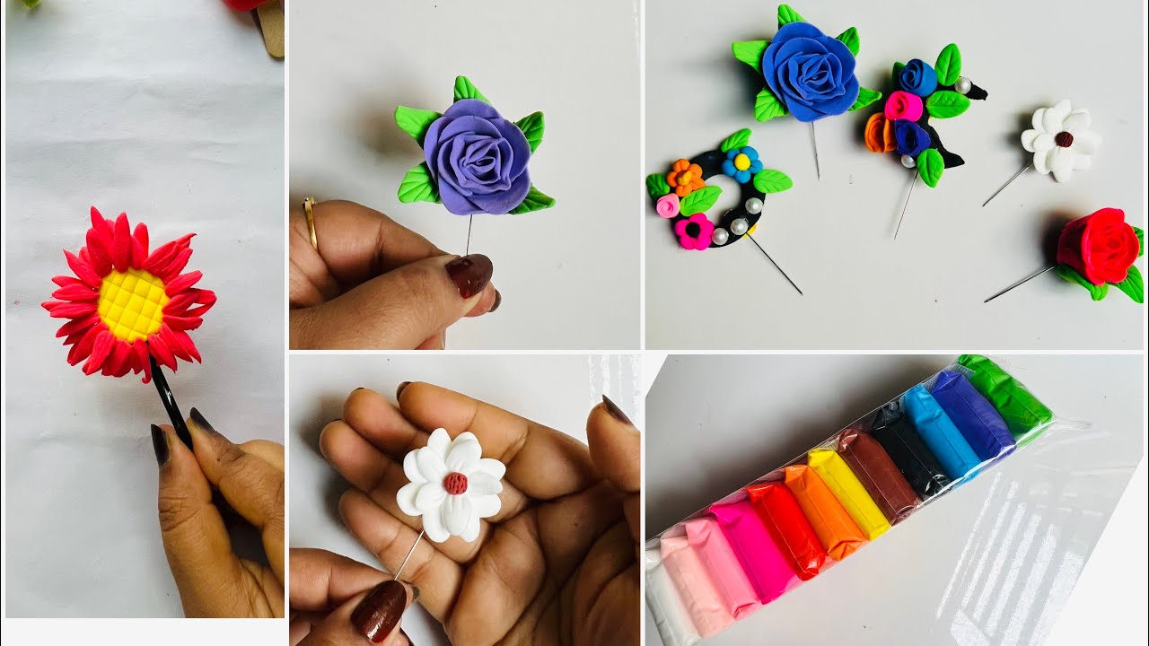 Different types of clay hijab pin // Beautiful clay flower pin - YouTube