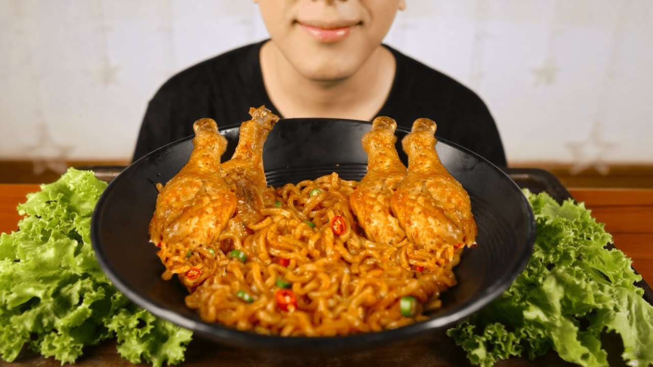 ASMR Eating | Spicy Fire Chicken Noodles with Spicy Fried Chicken ...