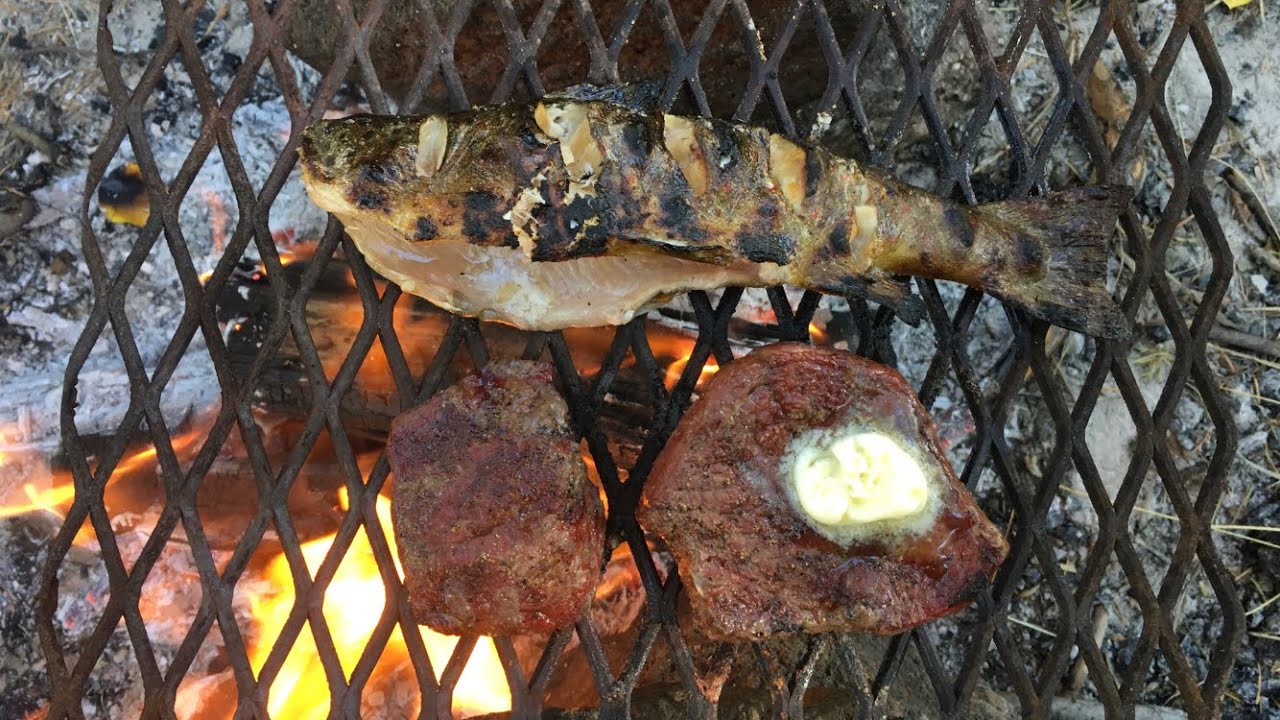 Roasting Brown Trout and Steak Over an Open Fire! (Trout Catch n' Cook ...