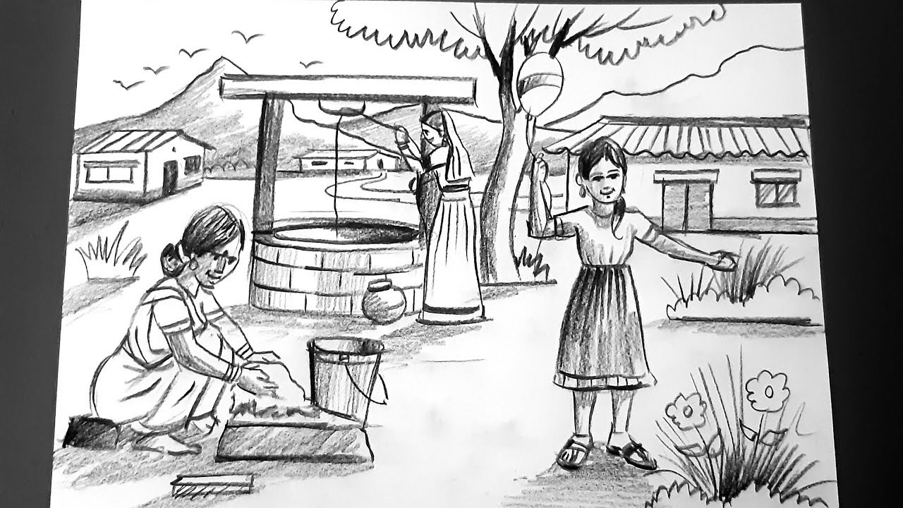 how to draw easy pencil sketch scenery | village scenery drawing ...