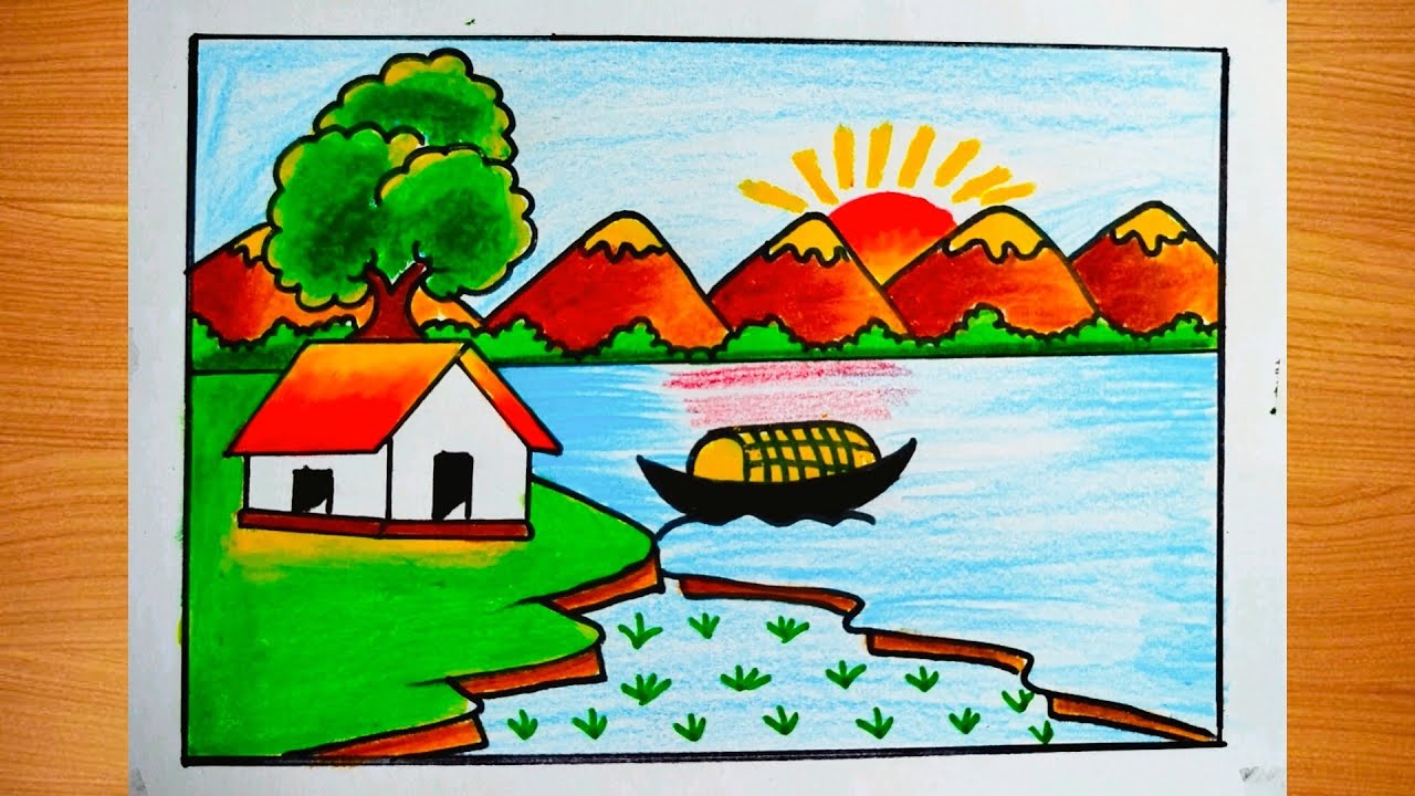 How to Draw River Side Village Nature | Village Scenery Drawing Easy ...