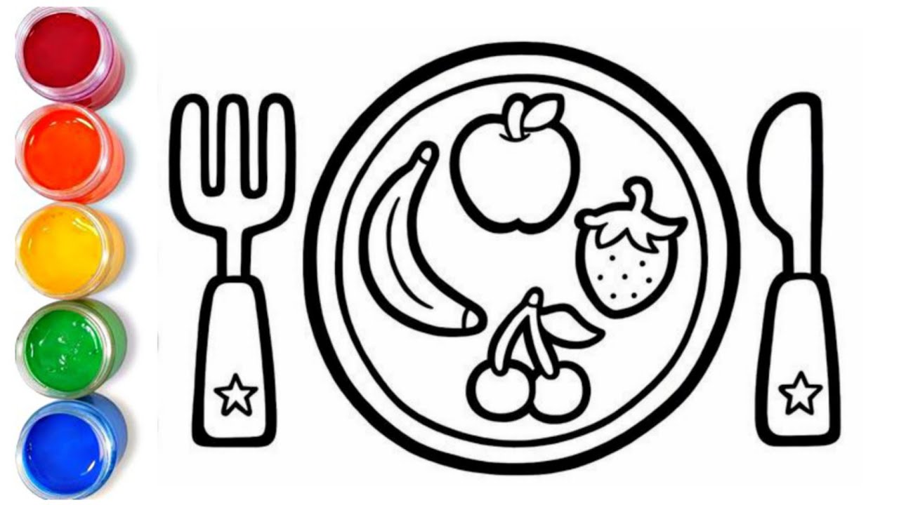 Let's learn to draw dish with fruits and spoon easy step by step ...