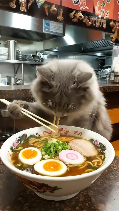 Adorable Cat's Ramen Challenge! A Chopstick-Wielding Mukbang Star 🍜😻 ...
