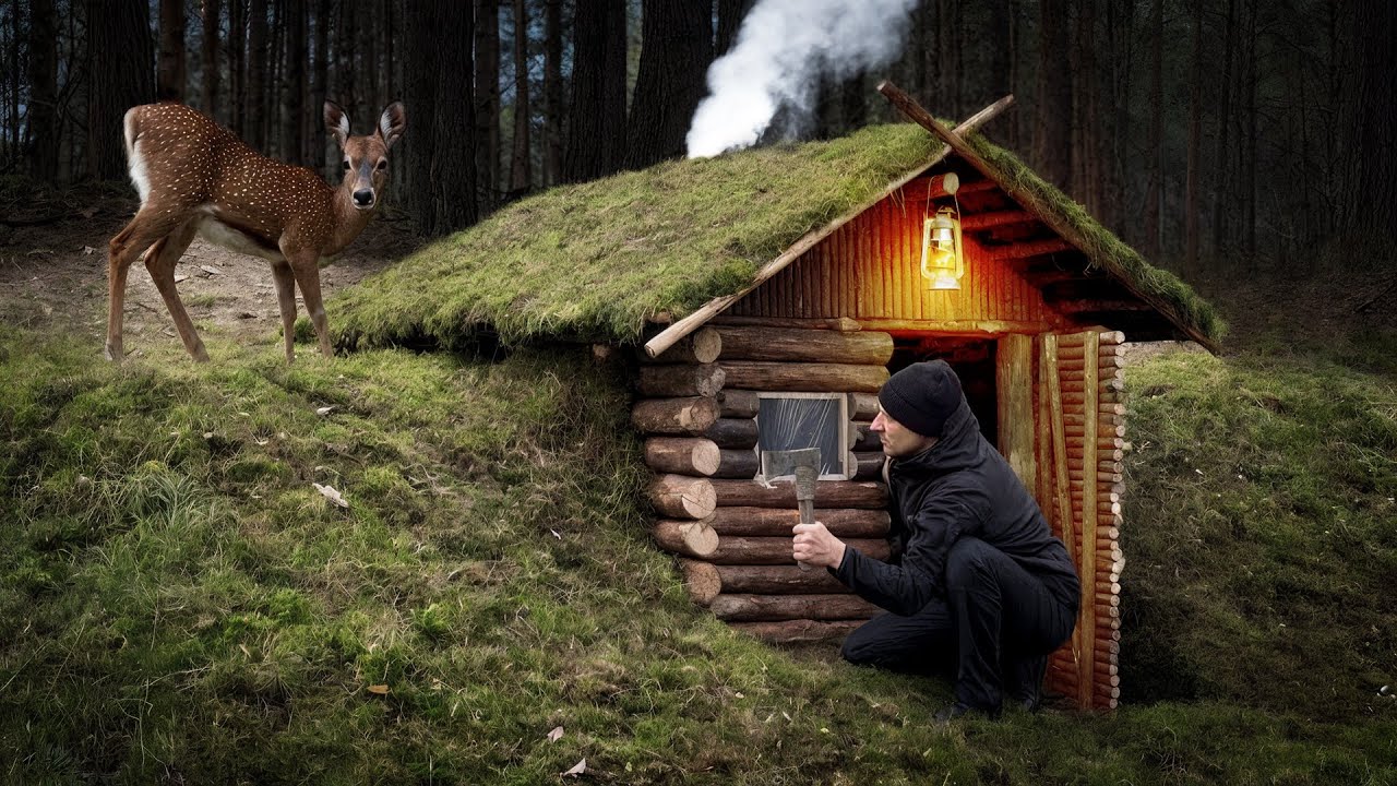 Building a Warm Dugout Shelter | Log Cabin | Solo Bushcraft | Survival ...