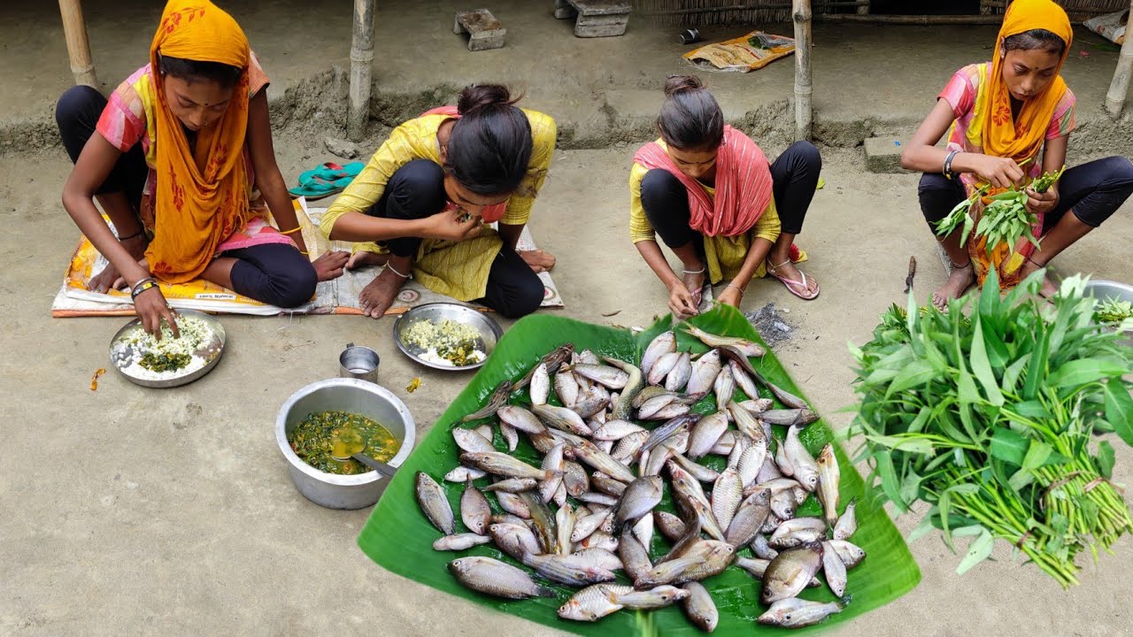 Santali girls cooking & eating Small mixed fish recipe with fresh kalmi ...