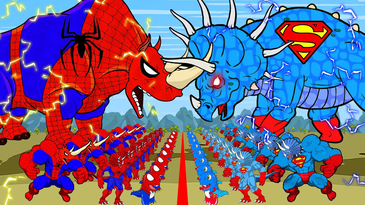 SPIDER MAN RHINO vs SUPERMAN TRICERATOPS, T-REX: Dinosaurs Jurassic ...