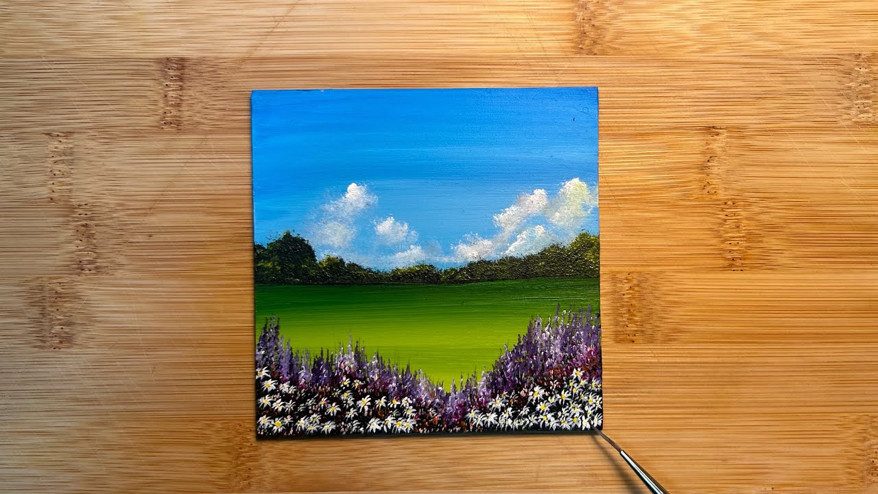How to paint a FLOWER FIELD landscape with Acrylics | EASY BEGINNER Art ...