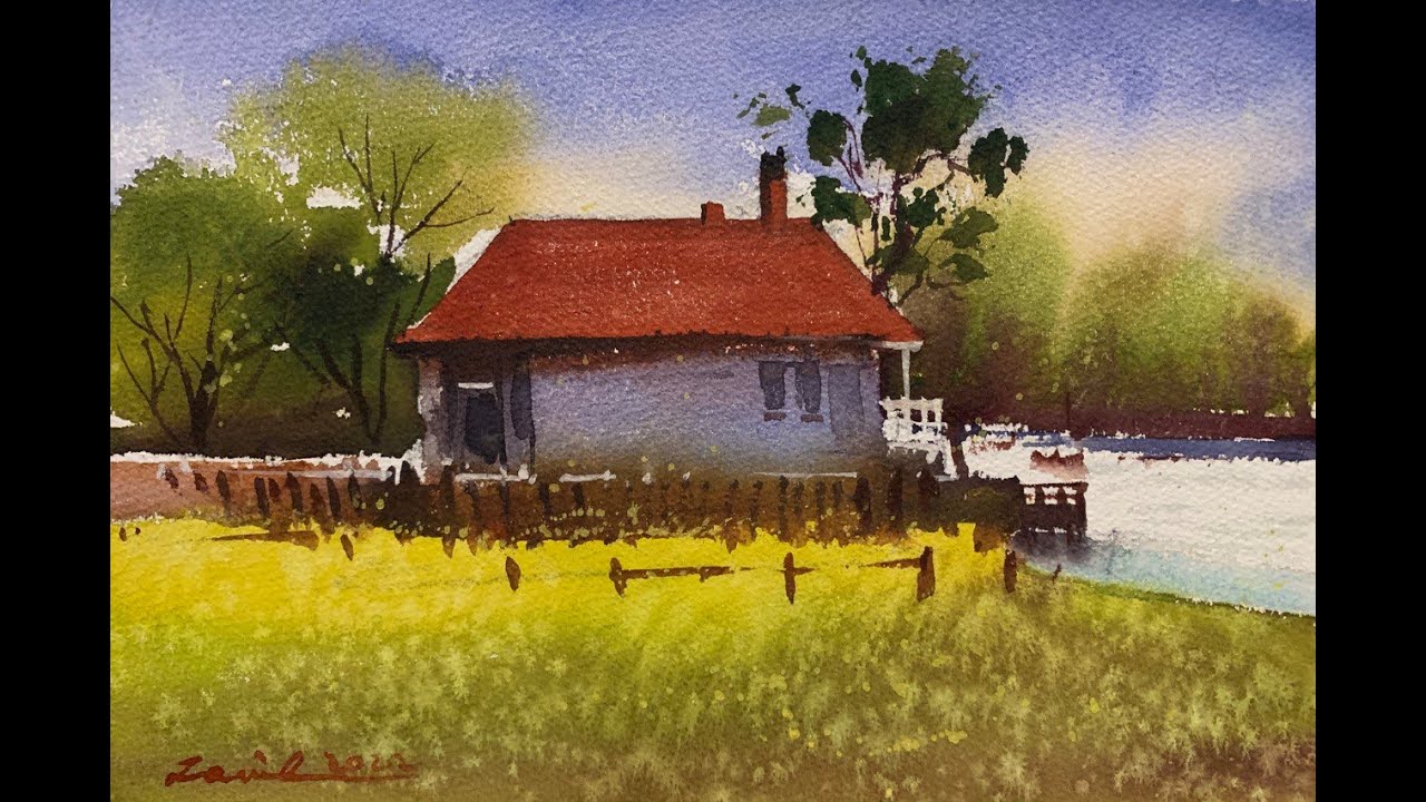 Simple watercolor landscape - House and sea - YouTube