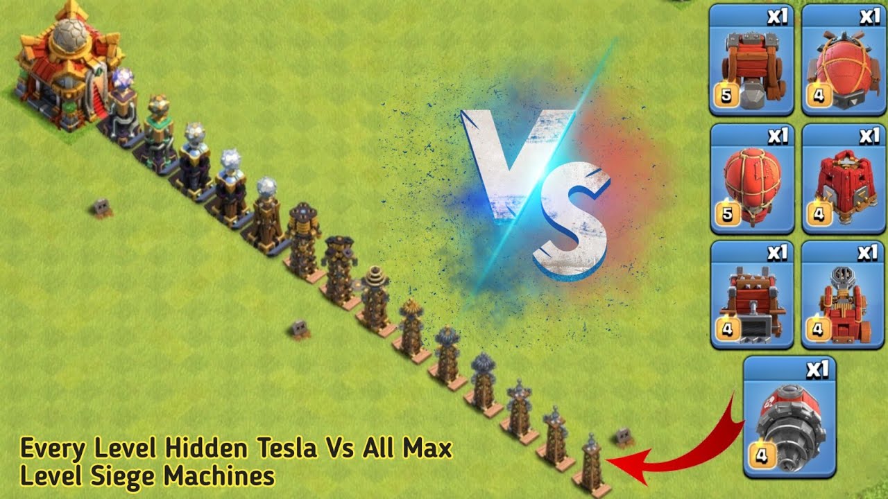 Every Level Hidden Tesla Vs All Max Level Siege Machines || Clash of ...