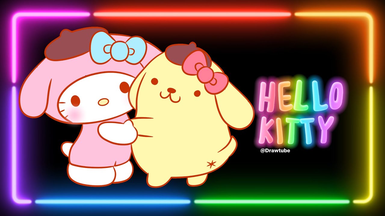 Hello Kitty and Pompompurin Neon Light drawing and coloring video ...