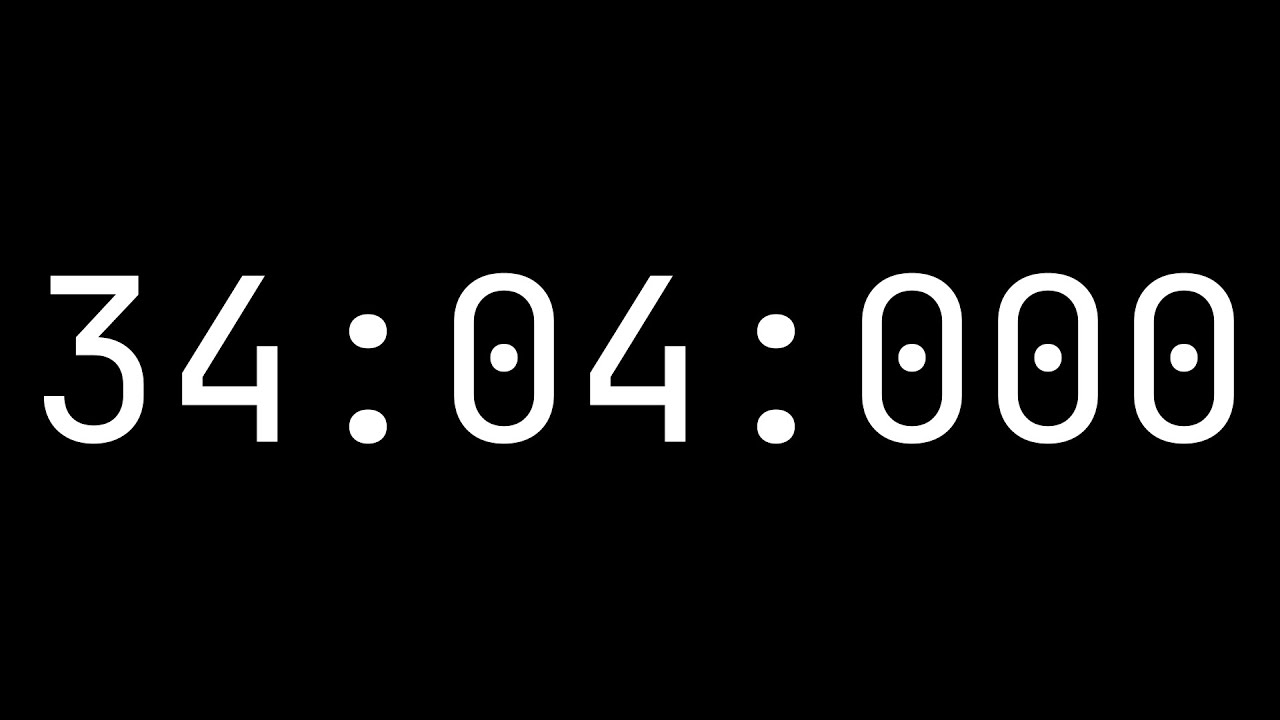 Countdown timer 34 minutes, 4 seconds [34:04:000] - White on black with ...
