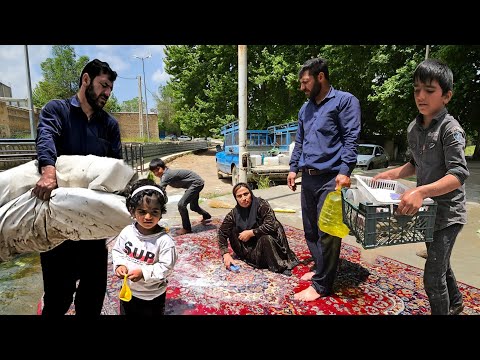 The adventure of the Ali family in washing carpets, collecting household items and tents