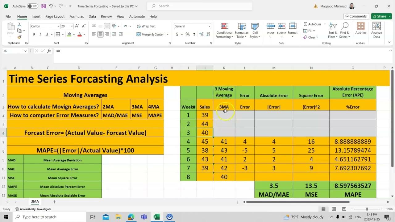 Time Series Moving Average Forecast-MAD/MAE/MSE/MAPE - YouTube