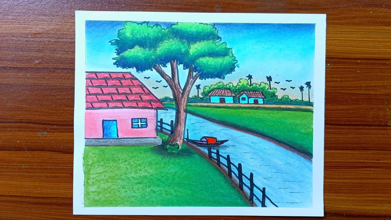 lakeside village scenery drawing // scenery drawing // simple drawing ...