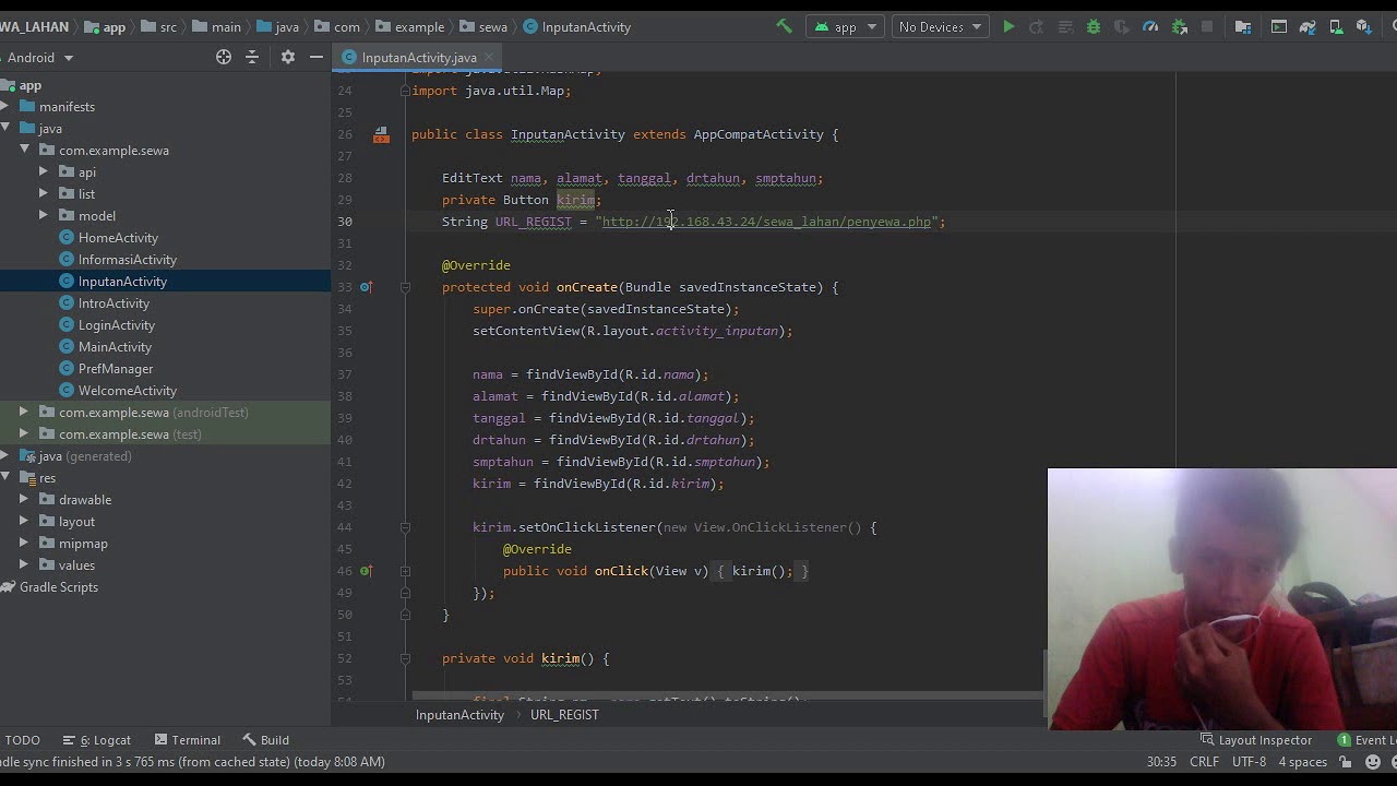 coding inputan aplikasi sewa lahan berbasis android - YouTube