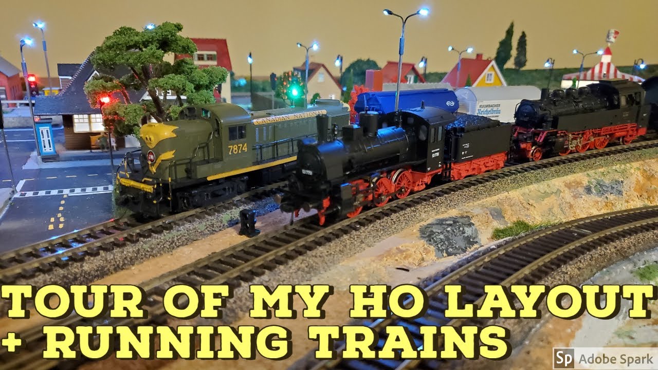 Tour of my HO model train layout + running some trains - YouTube