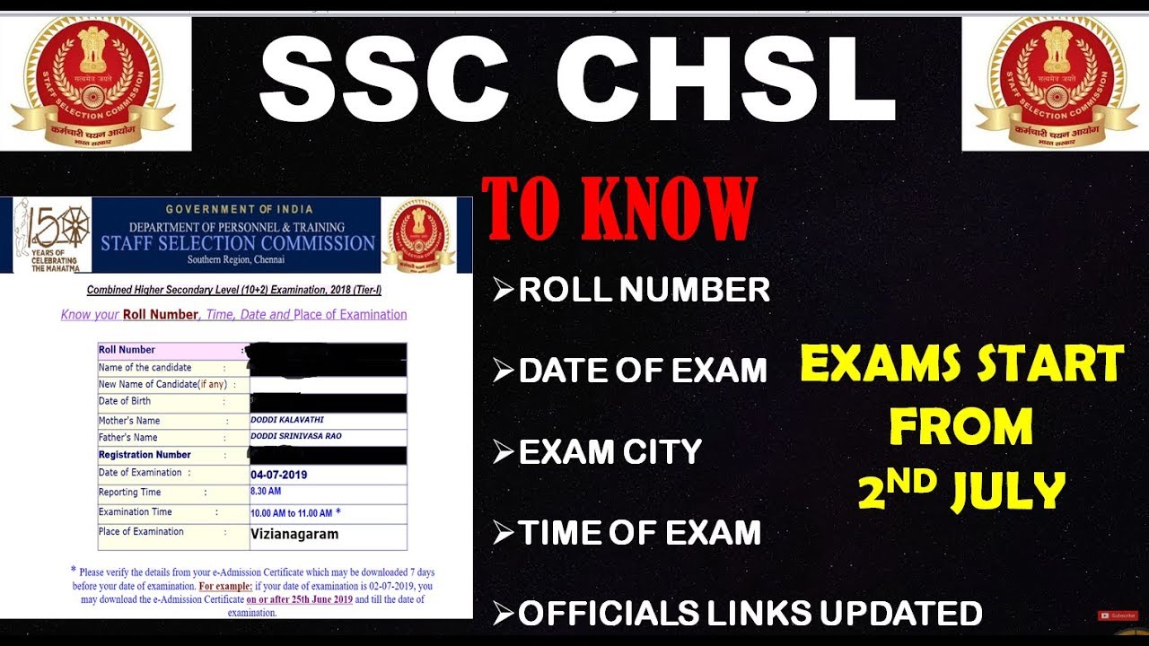 SSC CHSL ADMIT CARD || EXAM INTIMATION || ROLL NUMBER || - YouTube