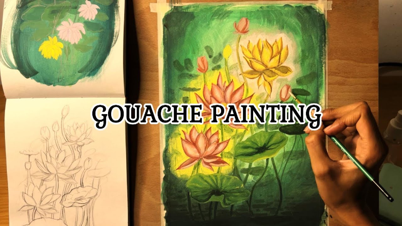 My Gouache Painting Process / Painting A Lotus Scene - YouTube