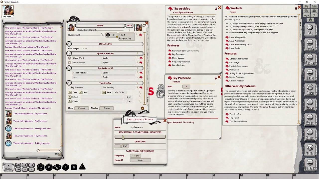 FGU Character Creation | 5e | Warlock Class - The Archfey | Fantasy Grounds Unity - YouTube