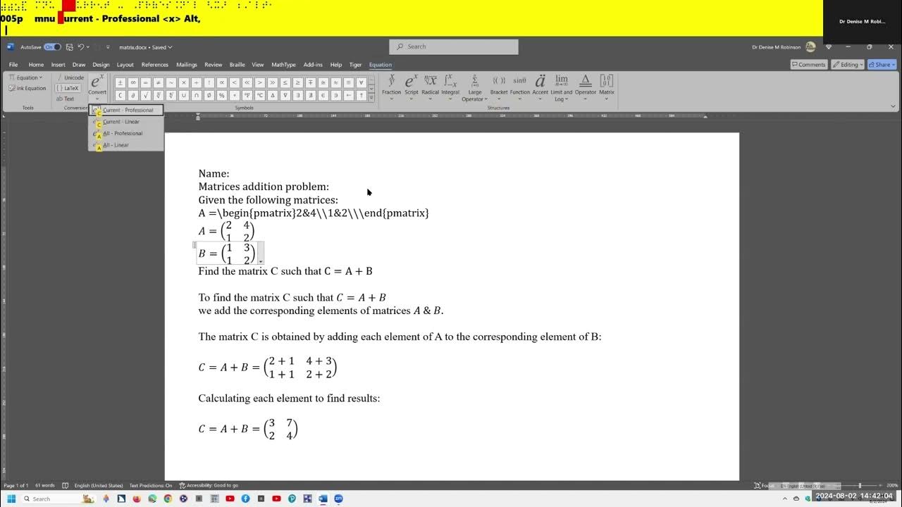 Matrices in WORD Math Editor-Braille Math editor with Jaws using LaTex, auditory and/or Braille ...