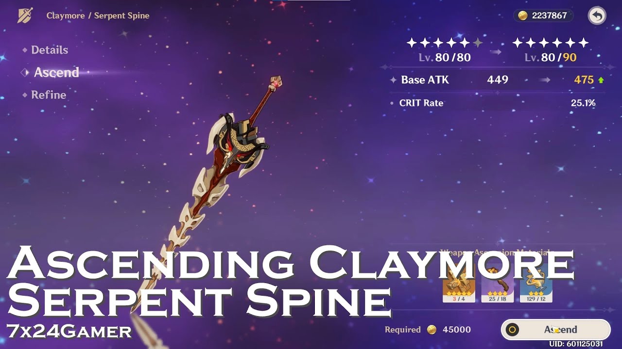 7X24Gamer | Weapon 19 How to Ascend Claymore Serpent Spine Lv80 ...