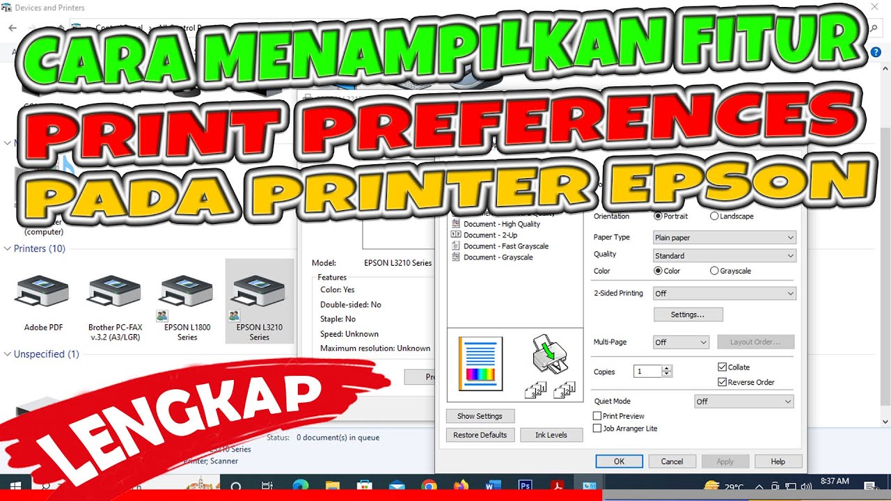 cara menampilkan fitur print preferences pada printer epson l3210 - YouTube